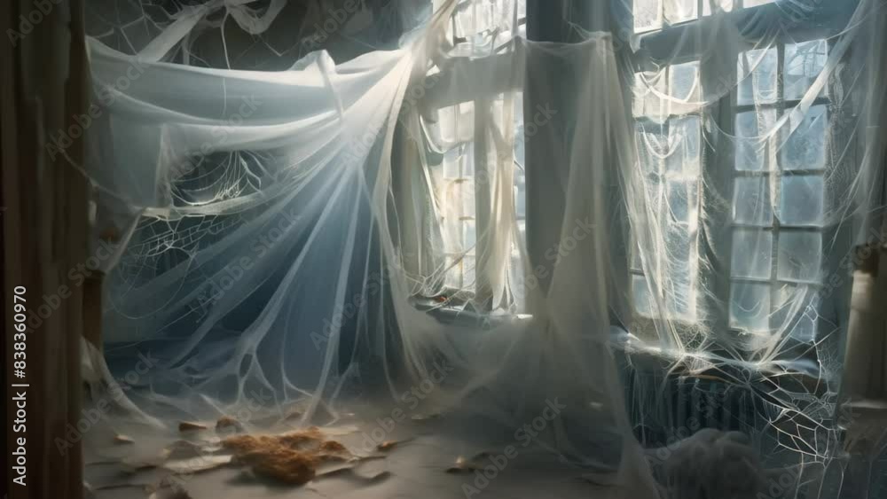An abandoned mansion with spider webs covering the windows, casting ...