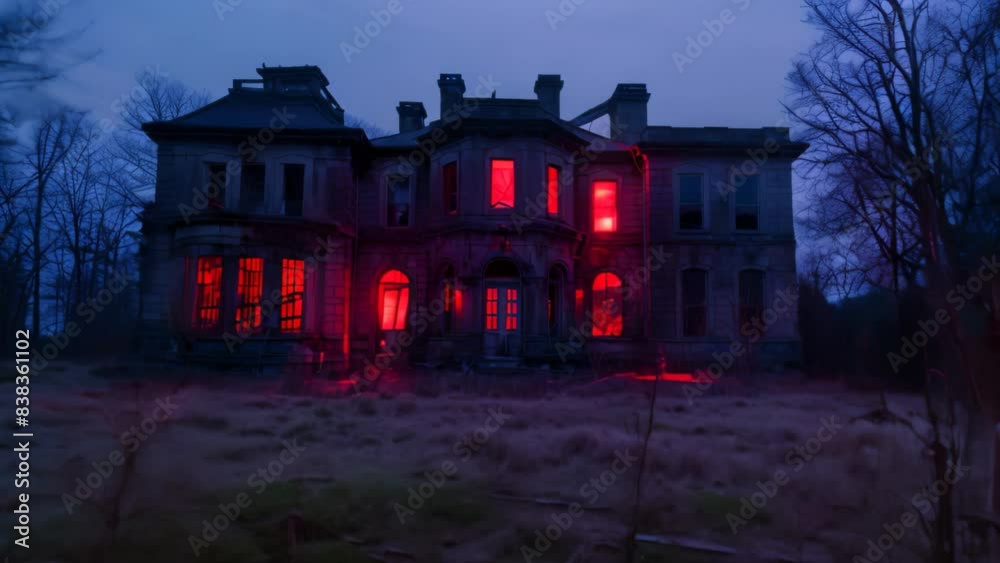 Eerie old house with glowing red lights in windows, abandoned and ...