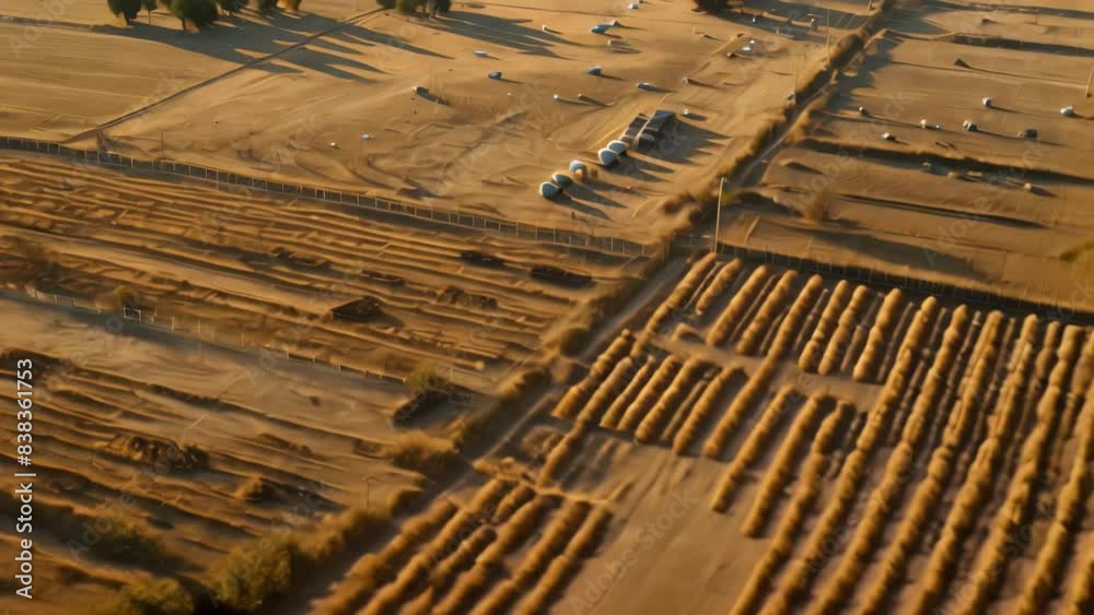An overhead perspective of a farm land featuring rows of chicken coops ...