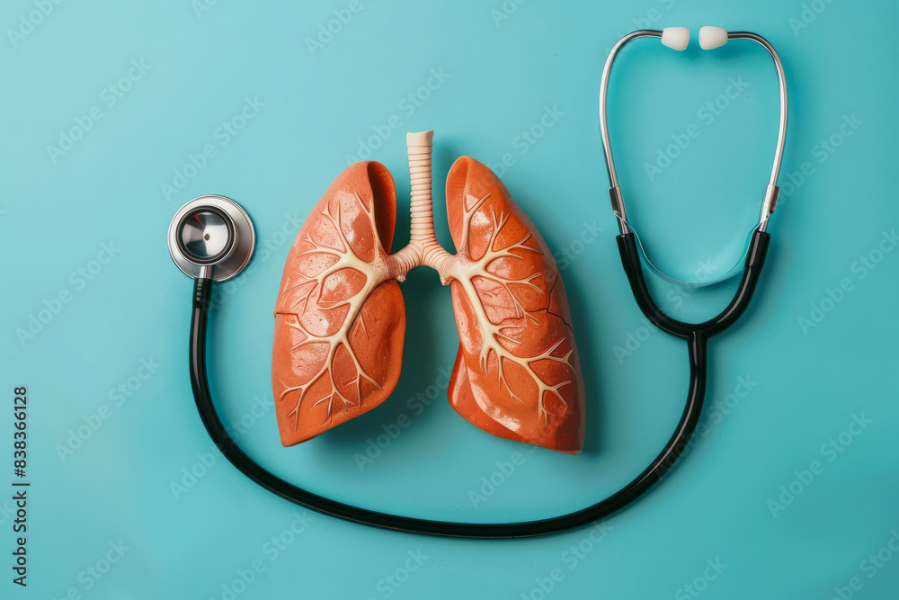Human lungs model with stethoscope on empty blue background with space ...