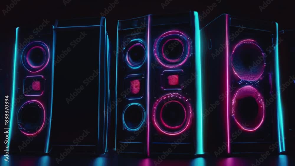 Neon lights around the edges of the speakers, with strobe pulses that ...