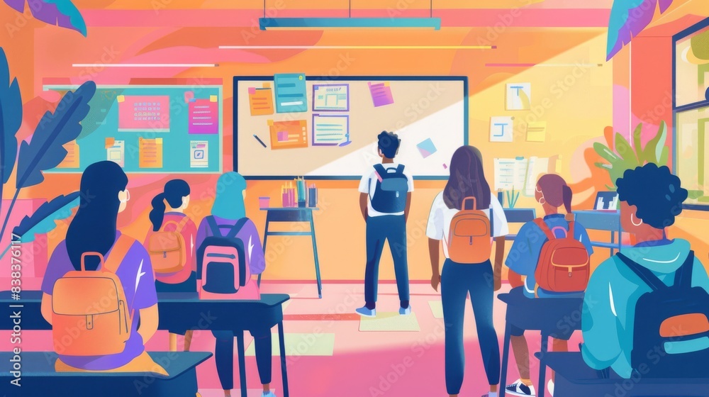 flat illustration of students in an school class room, with some ...