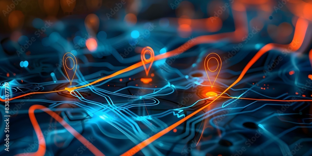 Digital map showing location markers indicating interconnected ...