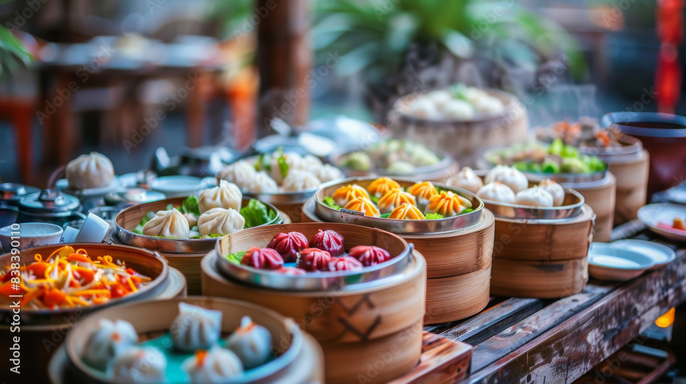 Colorful Asian-style dim sum dishes on the table, including steamed ...