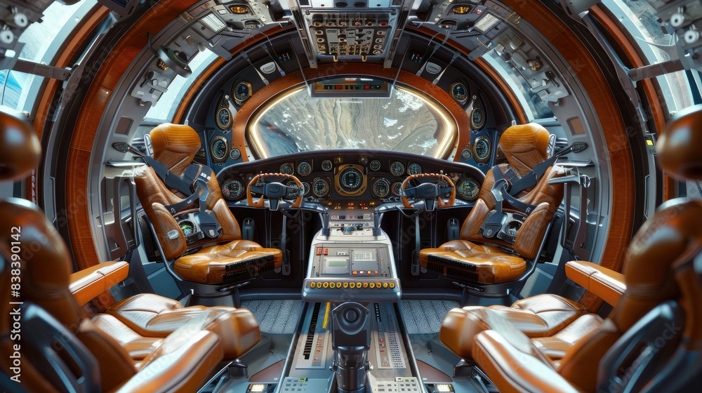 Foto de A sphere-shaped space ship interior with a control panel and ...