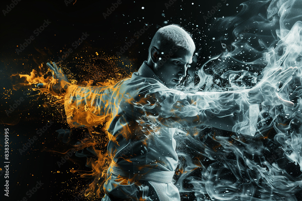 Professional karate man holding fire on one and and smoke on the other ...