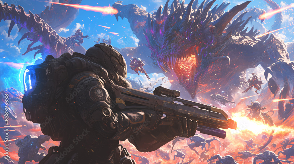 Soldier in Sci-Fi Exosuit Fighting Alien Creatures with Energy Weapons ...