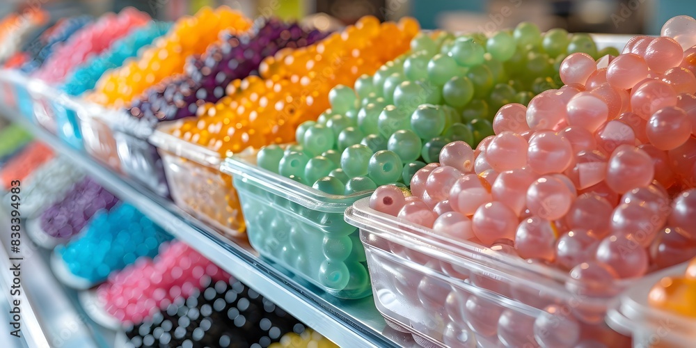 Colorful boba tea balls in bright snack bar lighting cassava starch ...