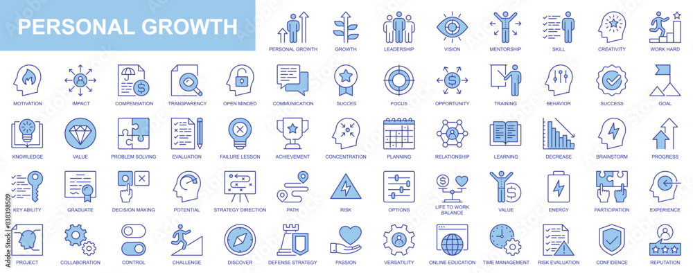 Personal growth web icons set in duotone outline stroke design. Pack ...