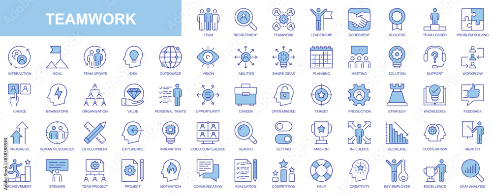 Teamwork web icons set in duotone outline stroke design. Pack pictograms with team, recruitment ...