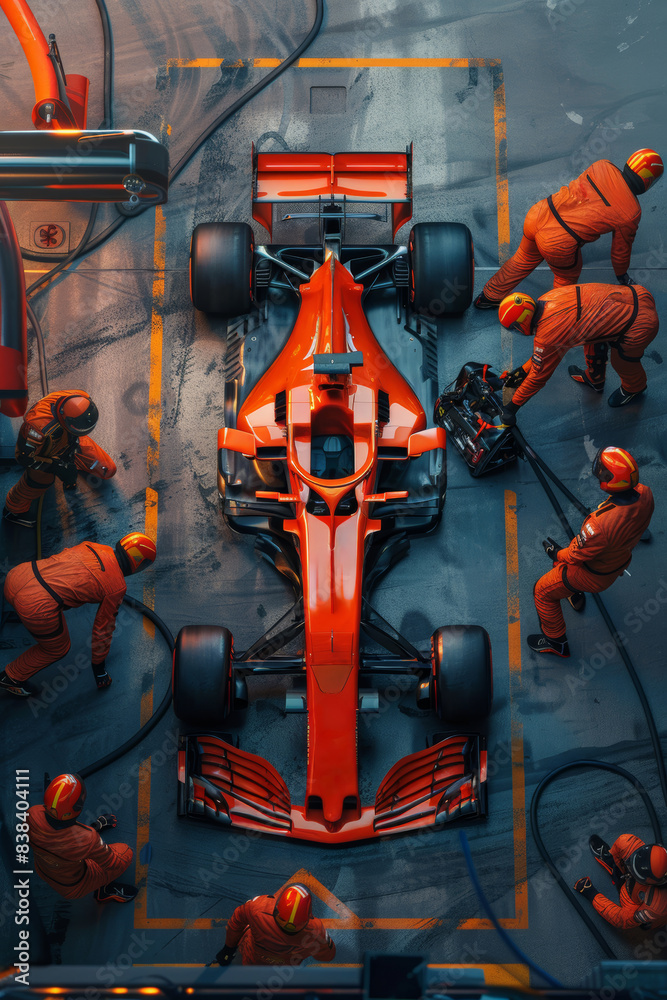 Equipo de formula uno realizando un pit stop en una carrera, coche de ...