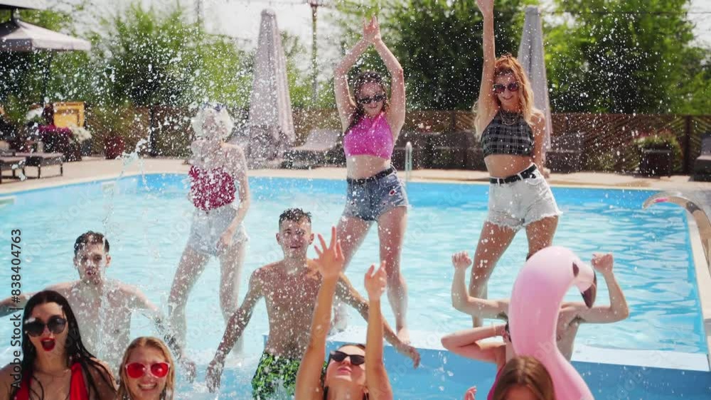 Female and male models chilling in swimming pool, splashing water, flirting and posing for ...