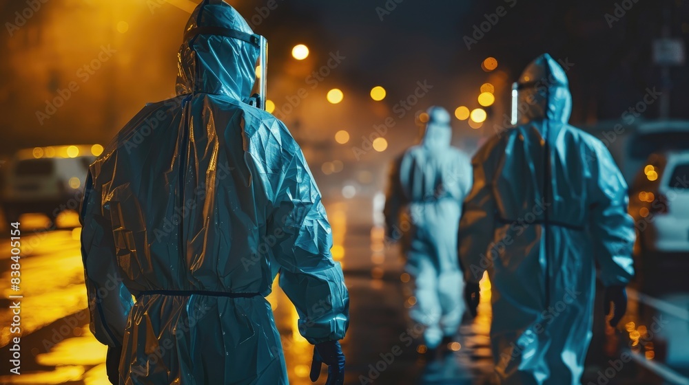Group in silver hazmat suits walking down a wet, illuminated street at ...