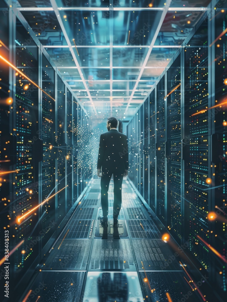 The chief technical director of a big data center stands, information ...