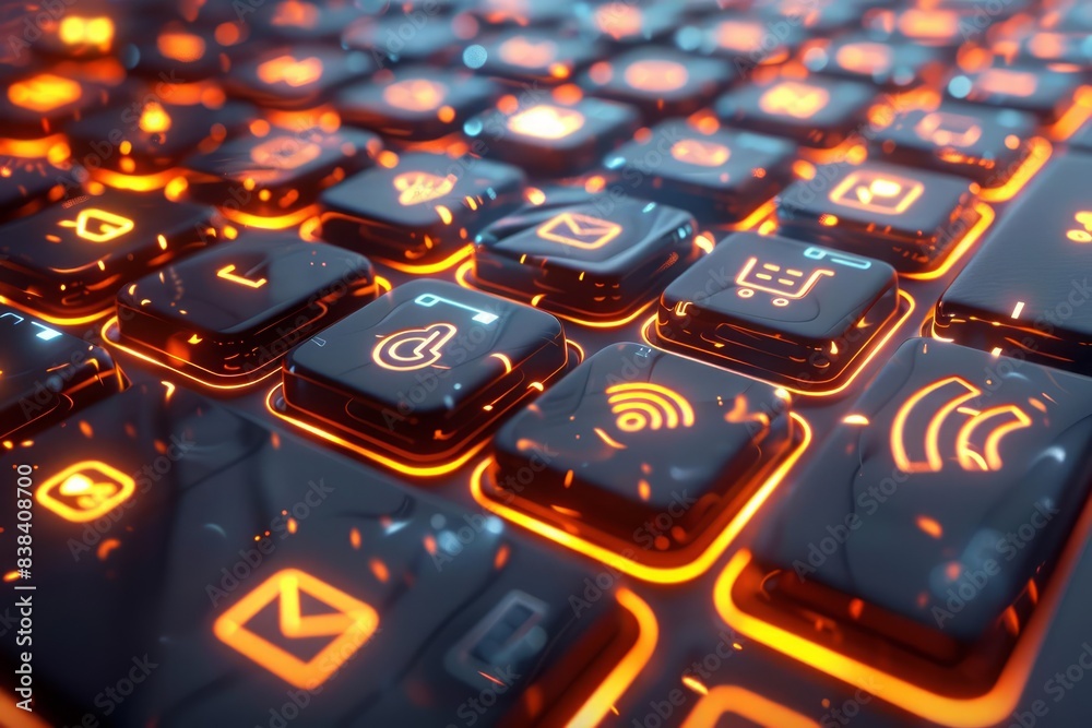 A futuristic computer keyboard glowing in orange, with symbols of ...