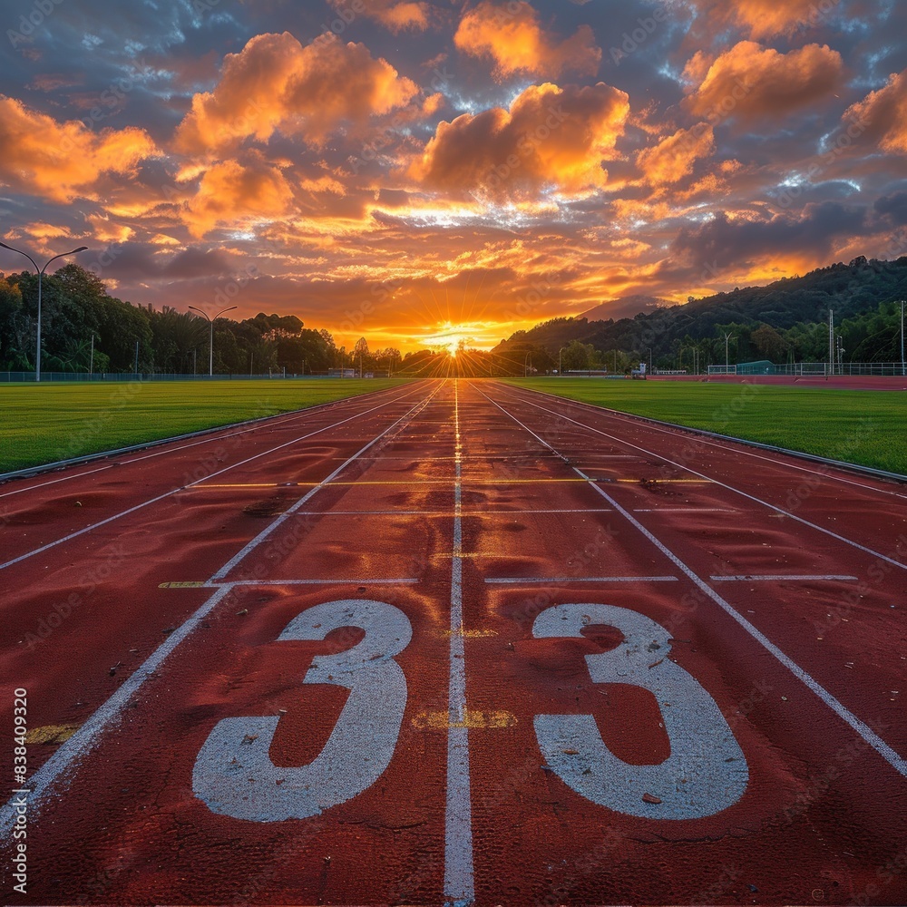 The marathon running track is lined with white lines, and the setting ...