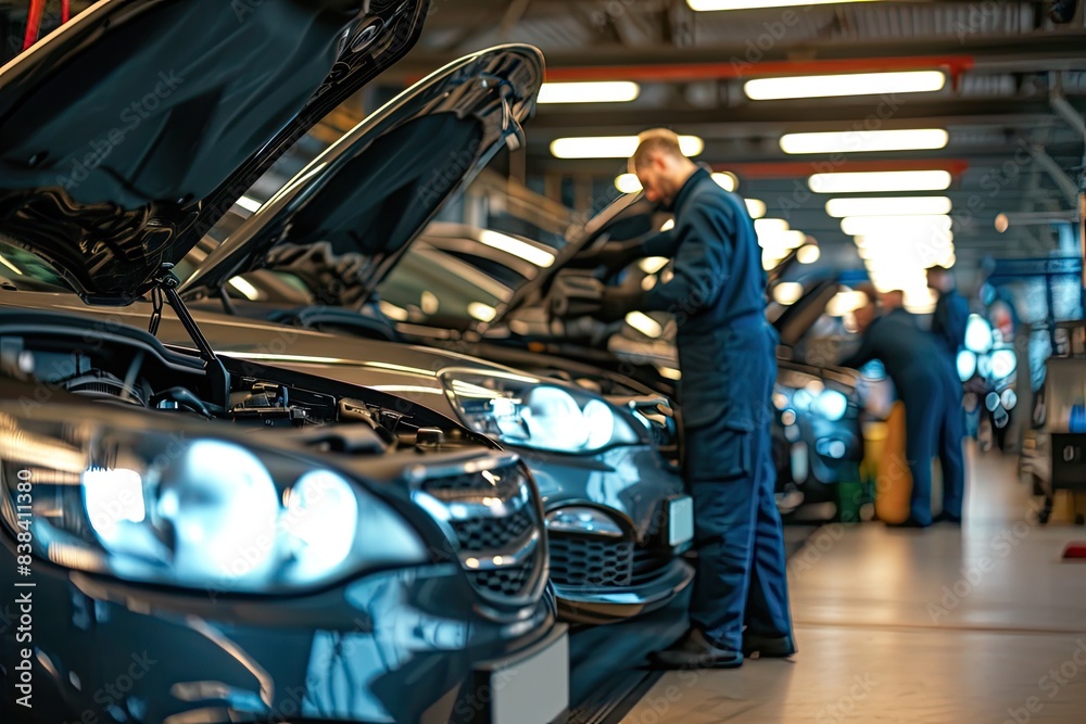a car factory with workers working on cars, a factory with a lot of ...