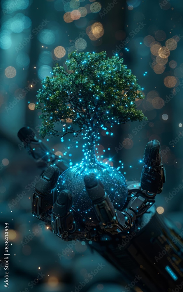 Futuristic robotic hand nurturing a small tree with glowing particles ...