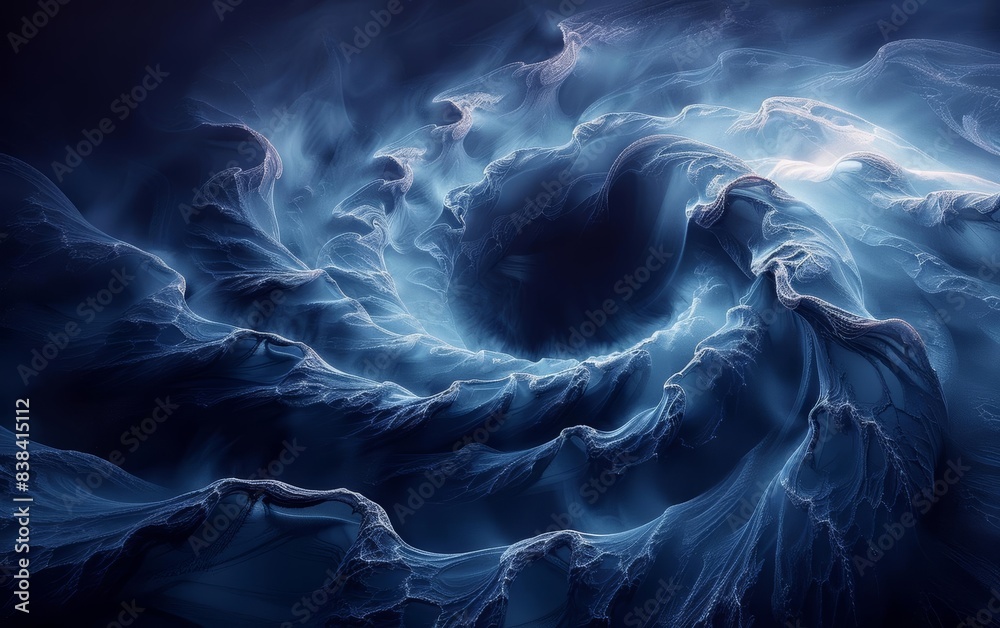Mystical and ethereal abstract vortex of swirling dark blue clouds, resembling a cosmic or ...