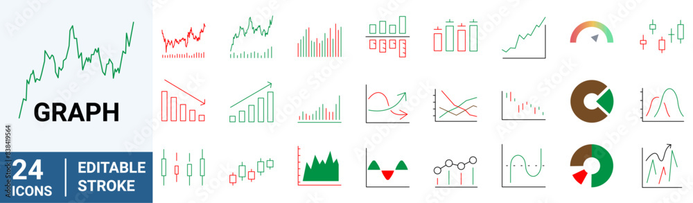 Graph and charts web line icons. data elements, bar and pie, diagrams ...