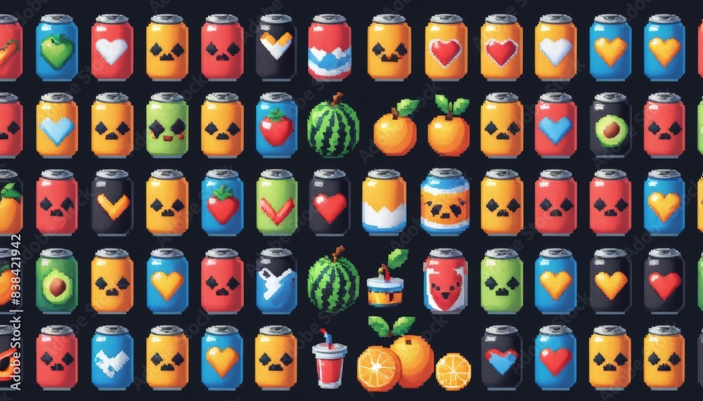 An array of pixel art soda cans in various colors, each adorned with different symbols and ...