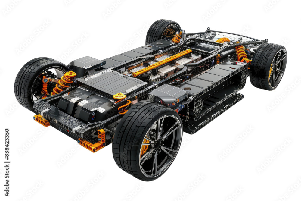 Electric car chassis exposing batteries and wiring structure isolated ...