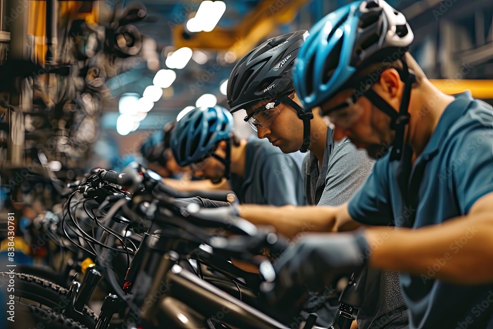 Focused technicians adjusting bicycles, a group of men working on ...