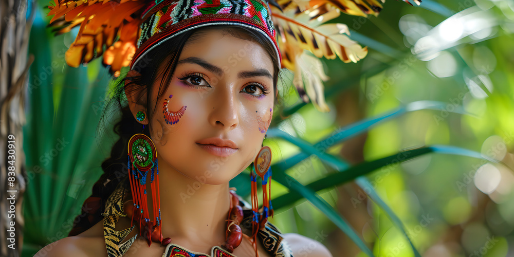 Mujer joven indigena con penacho y vestimenta indígena en la selva ...