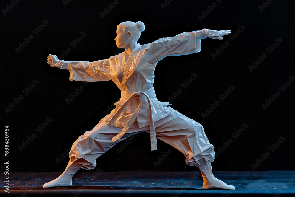 action figure of a professional karate training woman posing in black ...