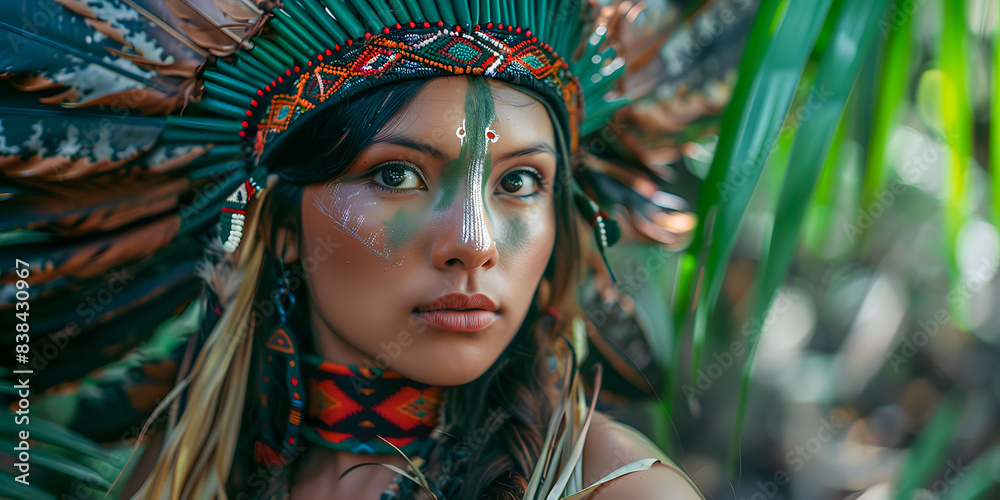 Imagen del rostro de una mujer indígena con penacho en la selva mirando ...