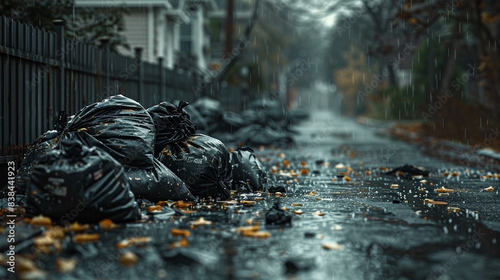 Piles of black garbage bags on a wet street, urban, photorealistic ...