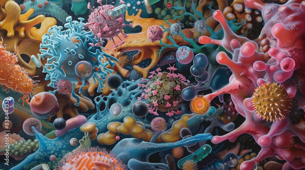 Artistic representation of microbial diversity, with various bacteria ...