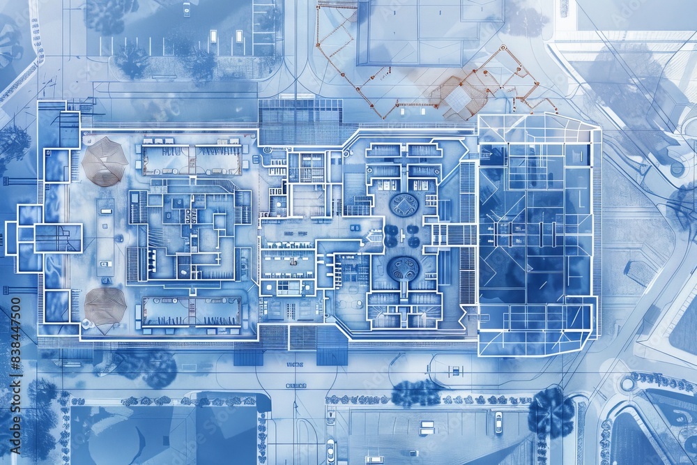 Blueprint of a cutting-edge hospital, illustrating floor plans for ...
