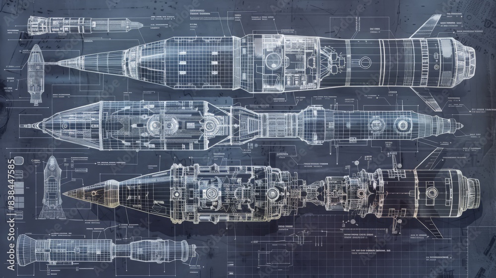 Blueprint of a spacecraft, featuring detailed schematics of propulsion ...