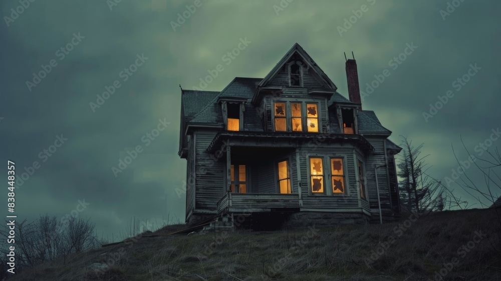 Haunted house on a hill, with broken windows and a dark, looming ...