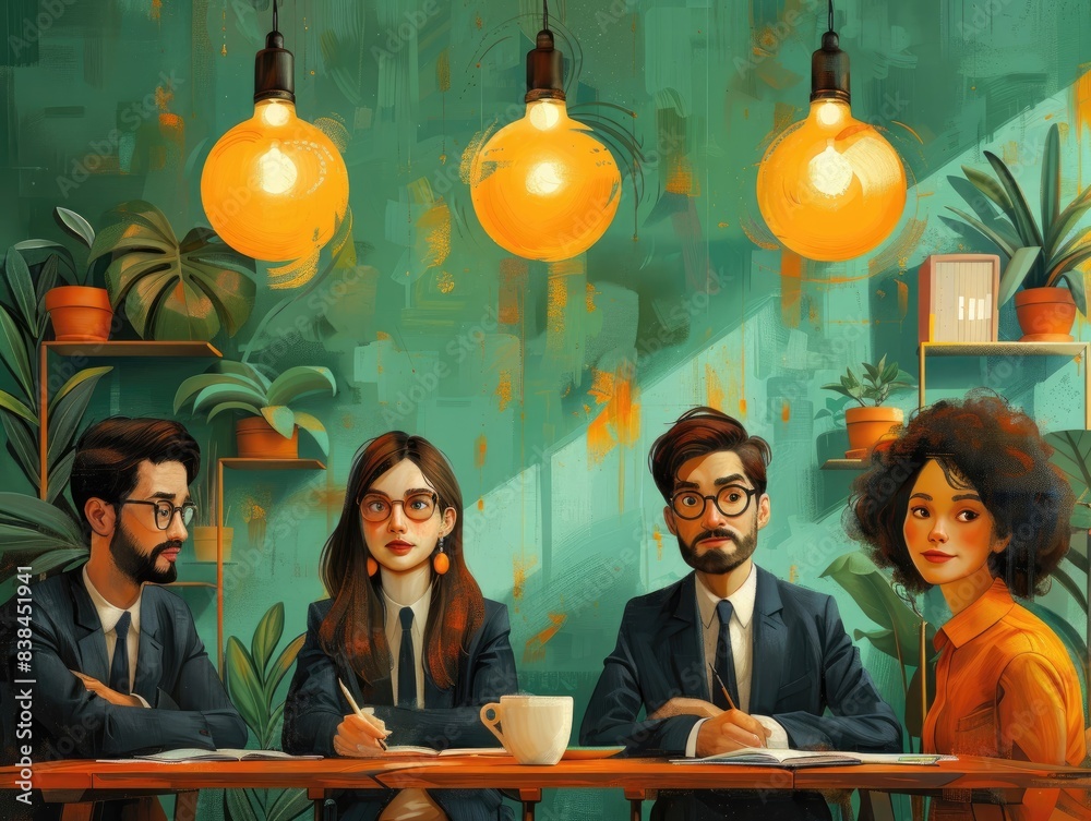 Illustration of a team brainstorming in a meeting room, with decorative ...