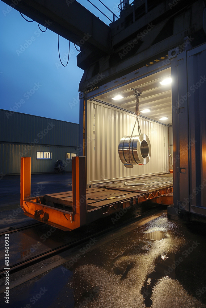 A large metal tank is loaded into a freight container on a wet evening ...