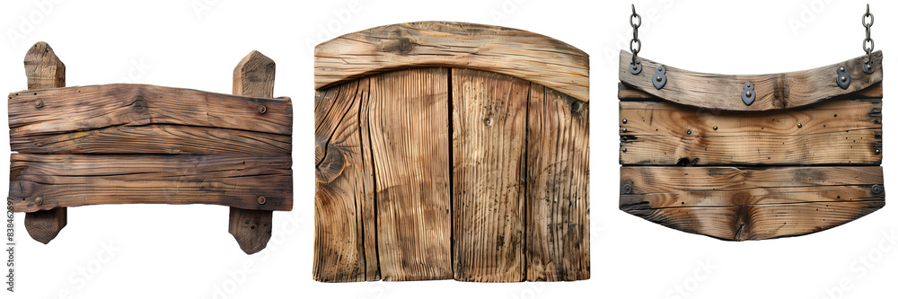 Rustic wooden sign board and directional arrow on a transparent ...