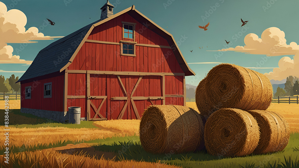 Farm-Themed Cartoon Barn Design, Featuring Straw Bales, Hay Piles, and ...