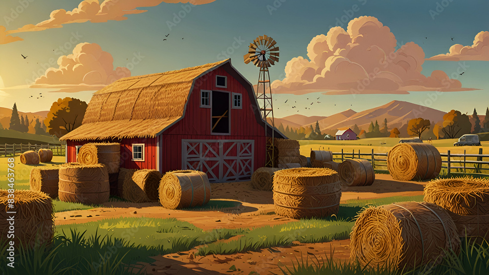 Farm-Themed Cartoon Barn Design, Featuring Straw Bales, Hay Piles, and ...