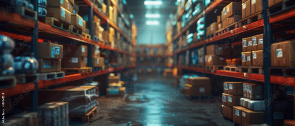 Cardboard boxes on shelves in a warehouse, side view, efficient storage ...