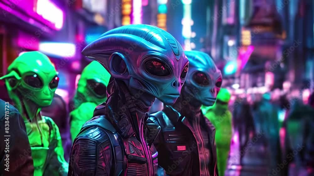 Aliens in futuristic clothing in a neon-lit city street. Extraterrestrial beings blending into a ...