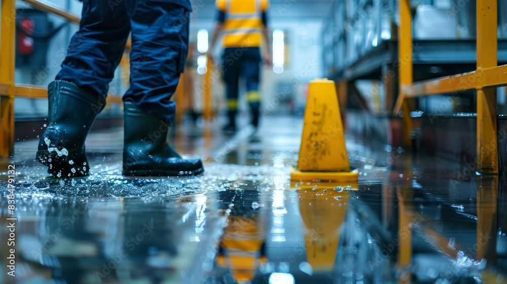 Workplace incident photograph highlighting the hazard of a damp floor ...