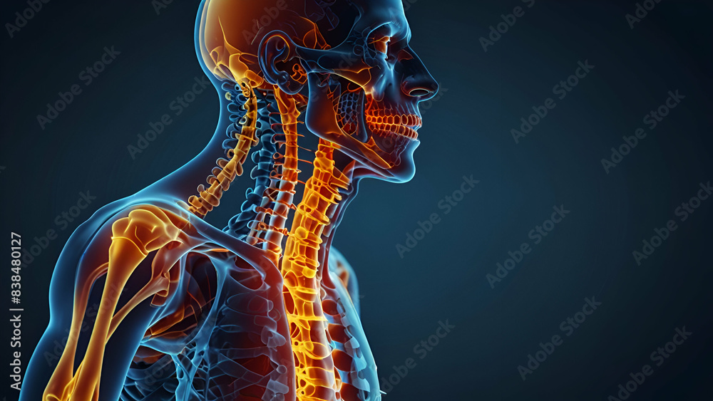 Human spine in x-ray on blue background. The neck spine is highlighted ...