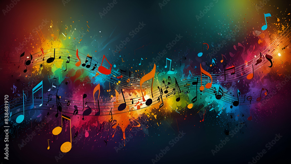 Abstract colourful musical background painting of musical notes ...