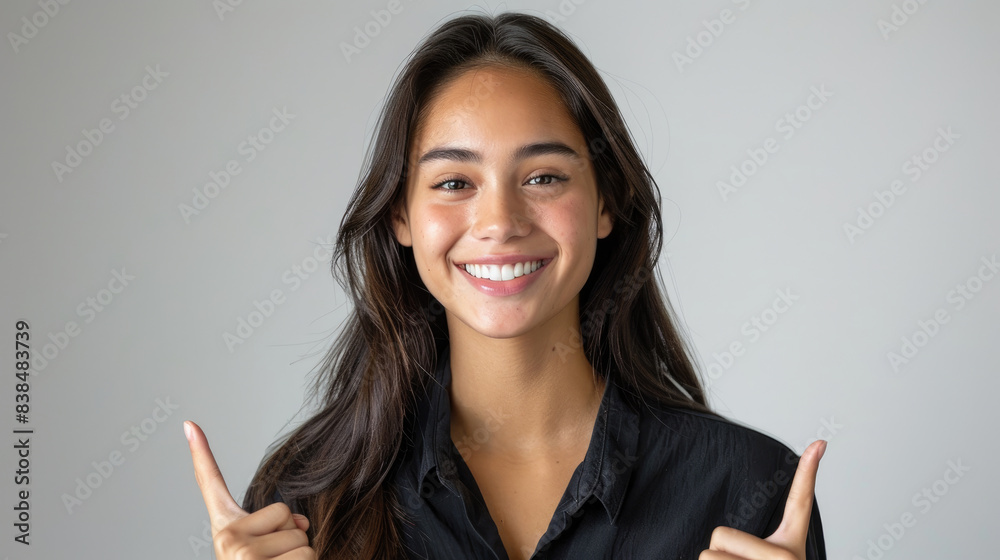 Beautiful Filipino woman smiling business assistant with both hands ...