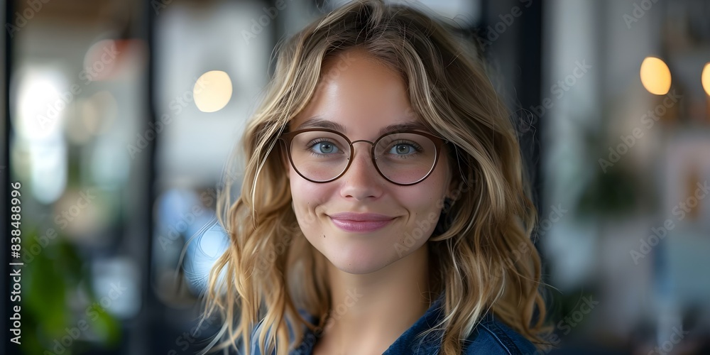 Smiling female software developer in office portrait with glasses ...