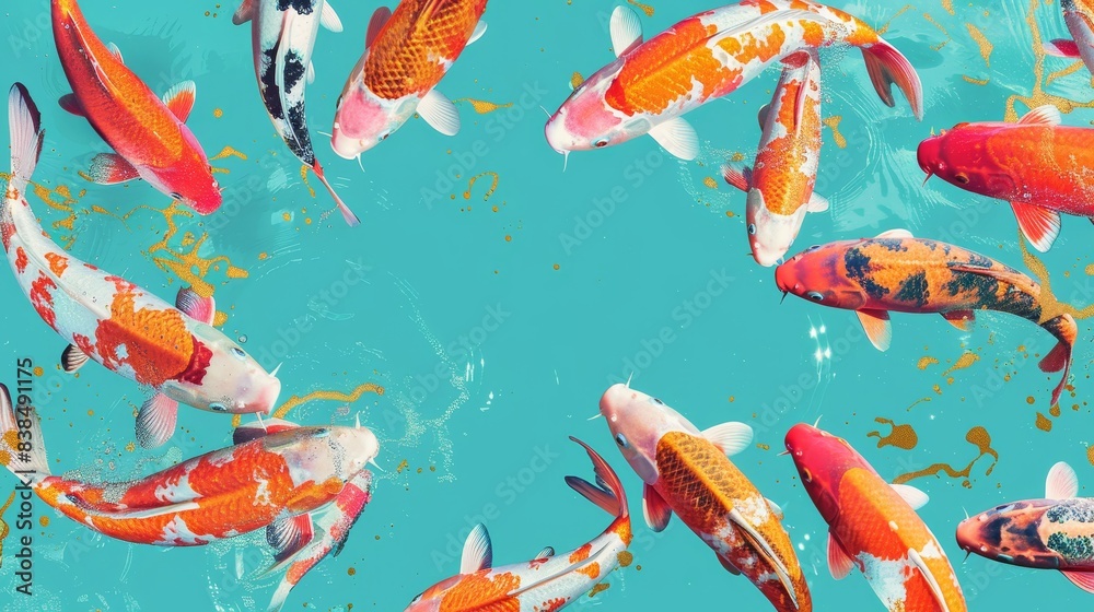 Group of koi fish swimming in a turquoise body of water. The koi fish ...