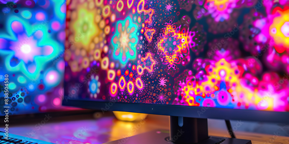 Fluorescent Fractals: A desktop computer, with a monitor displaying ...