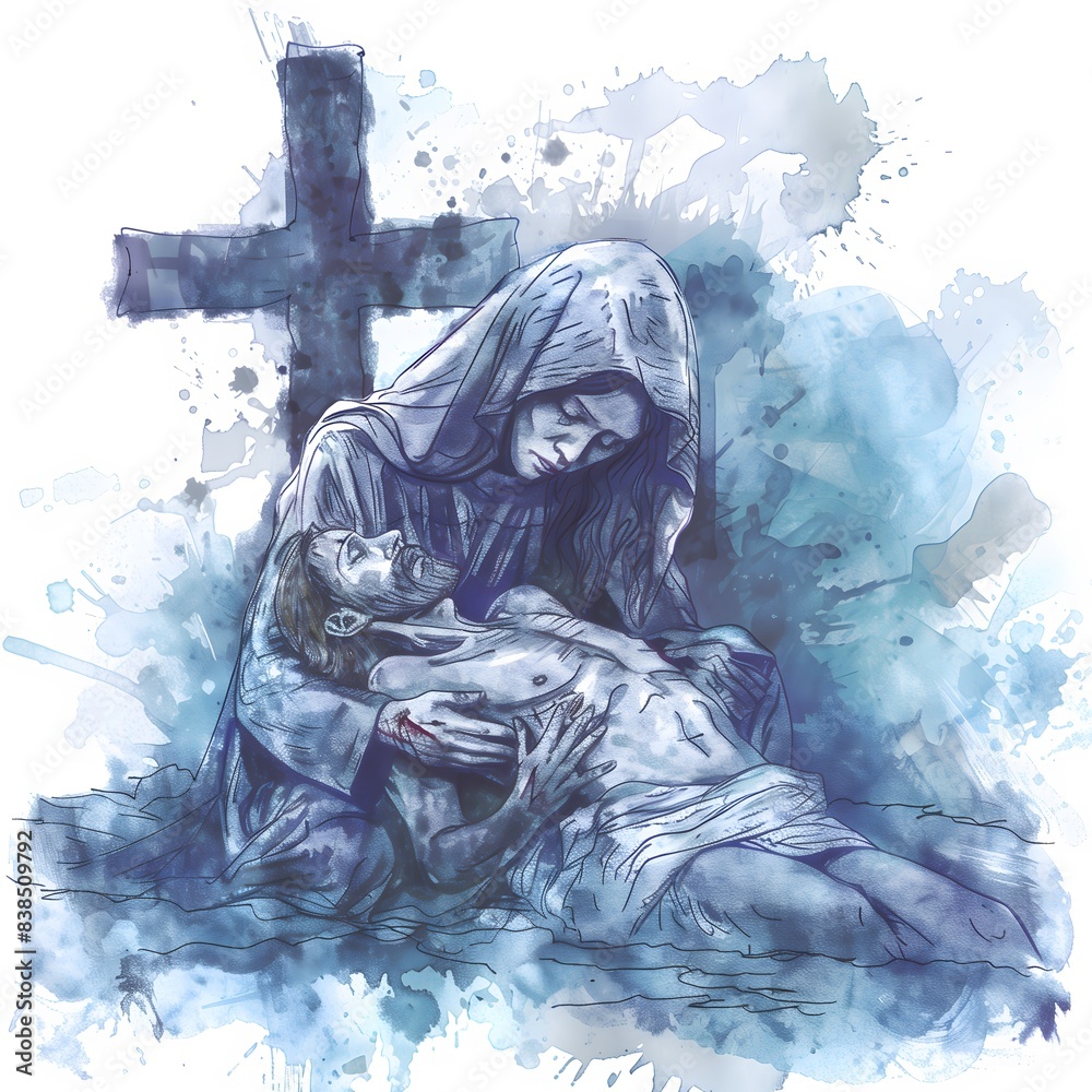 Watercolor Illustration of Mary Mourning Jesus at the Foot of the Cross ...